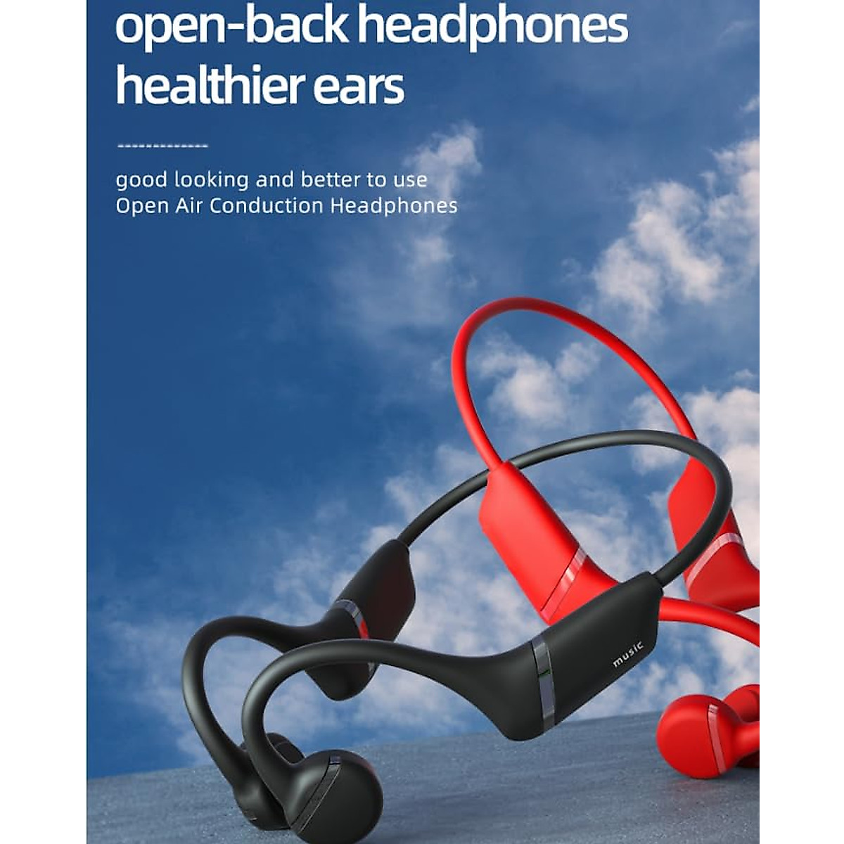 Neckband Bluetooth Earphone Bluetooth Headphones Secure Fit Surround Sound Wireless Open-Ear Headphones 32G Memory for Sports (Red)