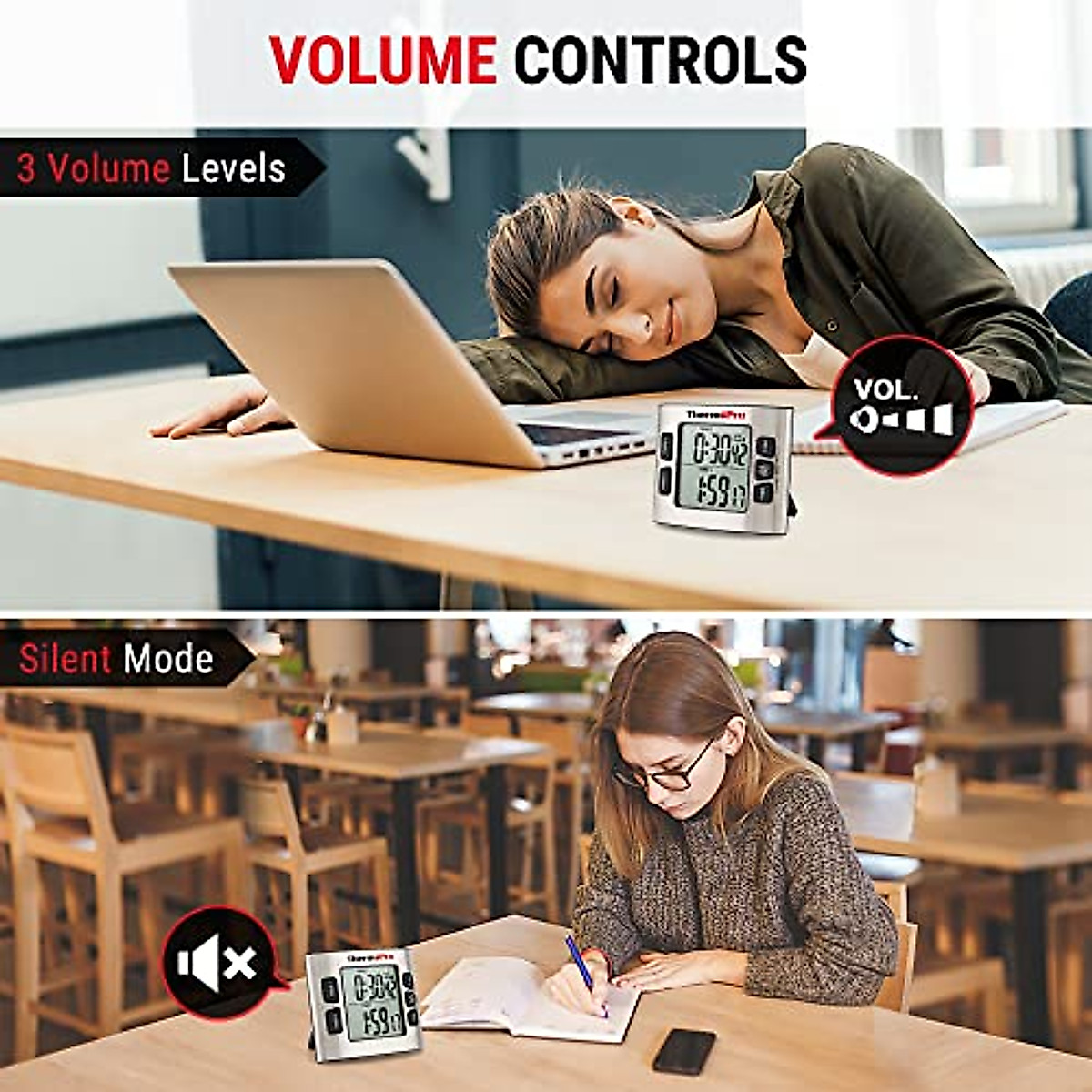 ThermoPro TM02 Digital Kitchen Timer with Dual Countdown Stop Watches Timer/Magnetic Timer Clock with Adjustable Loud Alarm and Backlight LCD Big Digits/ 24 Hour Digital Timer for Kids Teachers