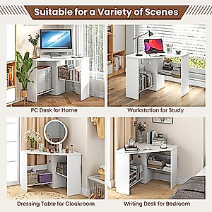 IFANNY Corner Computer Desk, 90 Degrees Triangle Desk w/Shelves & CPU Stand, Compact Corner Vanity Makeup Desk with Storage, Corner Desks for Small Spaces (White)