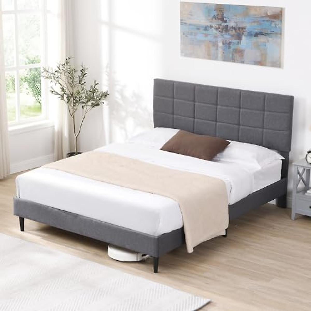 Yone jx je Platform Bed Frame with Fabric Upholstered Headboard and Mattress Foundation Wooden Slats Support, Fabric Upholstered Platform Bed Frame, No Box Spring Needed (Gray, Queen Size)