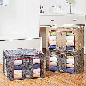 BOLLAER Flodable Storage Box, Oxford Cloth Steel Frame Shelf Storage Bag Quilt Clothing Blanket Container Organizer See-Through Window Double Zipper (100L)