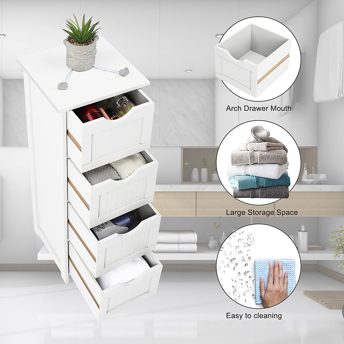 Bonnlo Bathroom Floor Cabinet,White Storage Cabinet with 4 Drawers,Skinny Bathroom Storage,Small Bathroom Drawer Organizers and Storage Free Standing,12 Inch Deep Cabinet for Bathroom