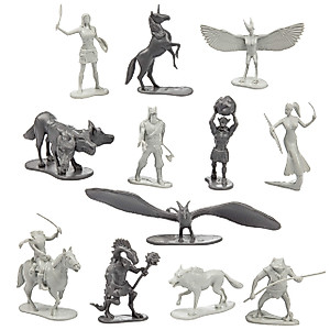 Fantasy Creatures Mini Action Figure Playset- 56pc Toy Monster Miniatures w 12 Difft Sculpts- Large Direwolfs, Cyclops, Winged Dragon Phoenixes & More- 1/32nd Scale Dungeon Paintable Xmas