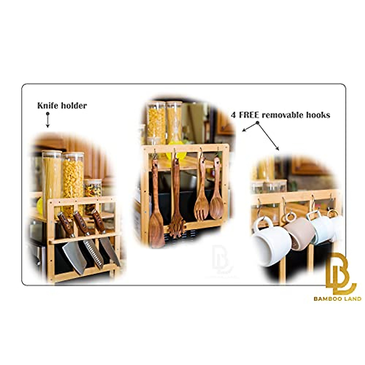 BAMBOO LAND- Bamboo Microwave Rack Countertop with Hooks and Built-in Knife Holder, Microwave Shelf Countertop, Countertop Shelf, Microwave Stand Countertop, Microwave Oven Rack, Over Microwave Shelf