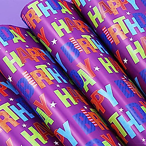Happy Birthday Wrapping Paper For Kids Girls Boys Women Men, Purple Birthday Gift Wrapping Paper, Wrapping Paper Birthday 6 Sheets Folded Flat 20x28 Inches per Sheet