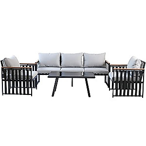 DECMICO Patio 5-Seat Sectional Sofa, Wide Outdoor U-Shaped Steel Frame Finished Rubber and Grey Cushions Sofa Furniture Set with Glass Coffee Tablefor Garden, Backyard, Balcony and Deck…