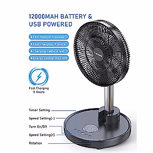 FARADAY Oscillating Standing Fan 12” Foldable Portable Quiet Floor Fan 12000mAh Rechargeable Pedestal Fan with Remote, Timer Setting, Height Adjustable Foldaway Fan for Bedroom Home Office, 6 Speed