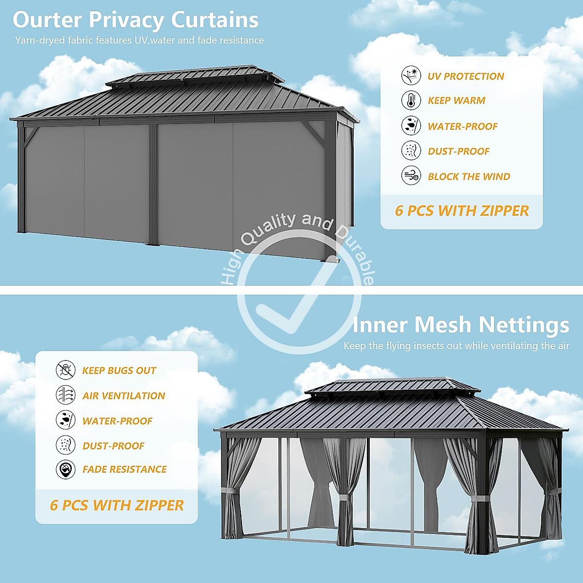 Jolydale 12FT×20FT Hardtop Aluminum Gazebo, Outdoor Metal Frame Canopy with Mosquito Net and Privacy Sidewalls,for Patio, Backyard, Large Size