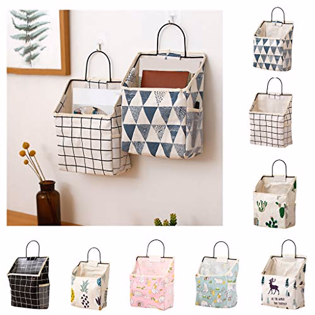 Lekgymr Multifunction Wall-Hanging Storage Basket with Hook & Mesh Pockets, Cotton Linen Hanging Storage Bag Family Organizer Box Home Decor Containers