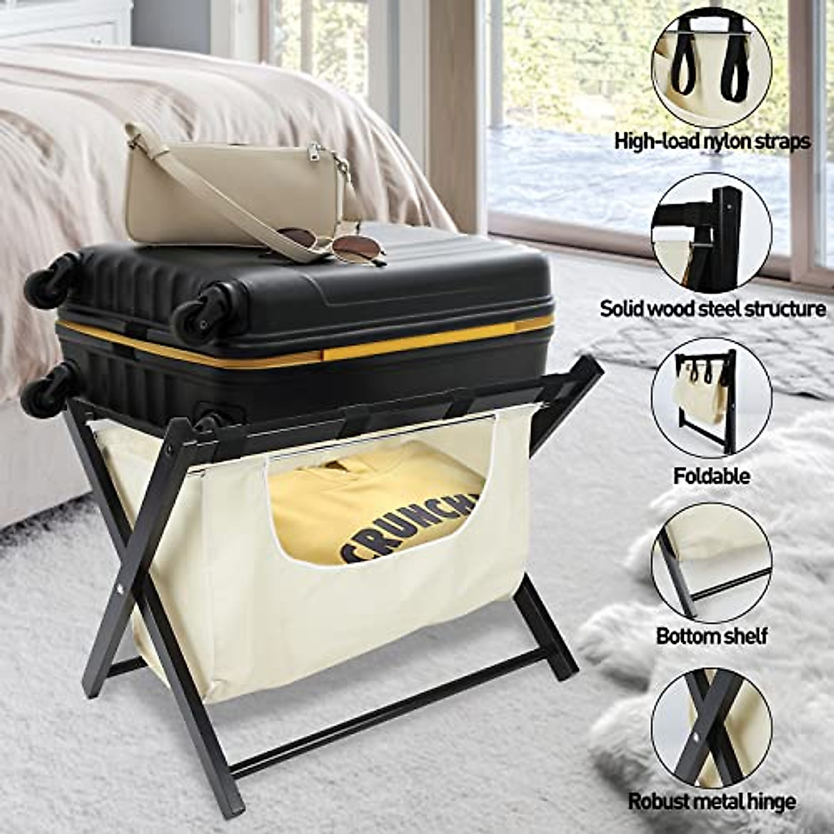 Babion Folding Luggage Racks with Shelf, Wooden Suitcase Stand, 2 Tier Foldable Luggage Racks with Heavy Duty Nylon Belts, Suitcase Bag Holder for Bedroom Guest Room, 4 Pack