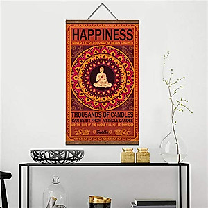 Buddha Wall Art Zen Decor Printed on Canvas with Scroll Wood Frame Hanger Poster Happiness Quote Motivational Home Decor Hanging Painting 15.7 x 27 inch… (buddha happiness)