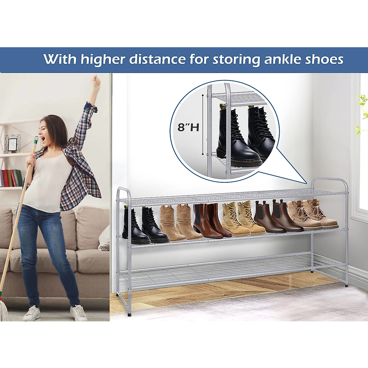 KEETDY 3-Tier Long Shoe Rack for Closet Metal Shoe Organizer for Entryway, Wide Stackable Shoe Storage Shelf with Sturdy Wire Grid for Closet Floor, Bedroom, Grey…