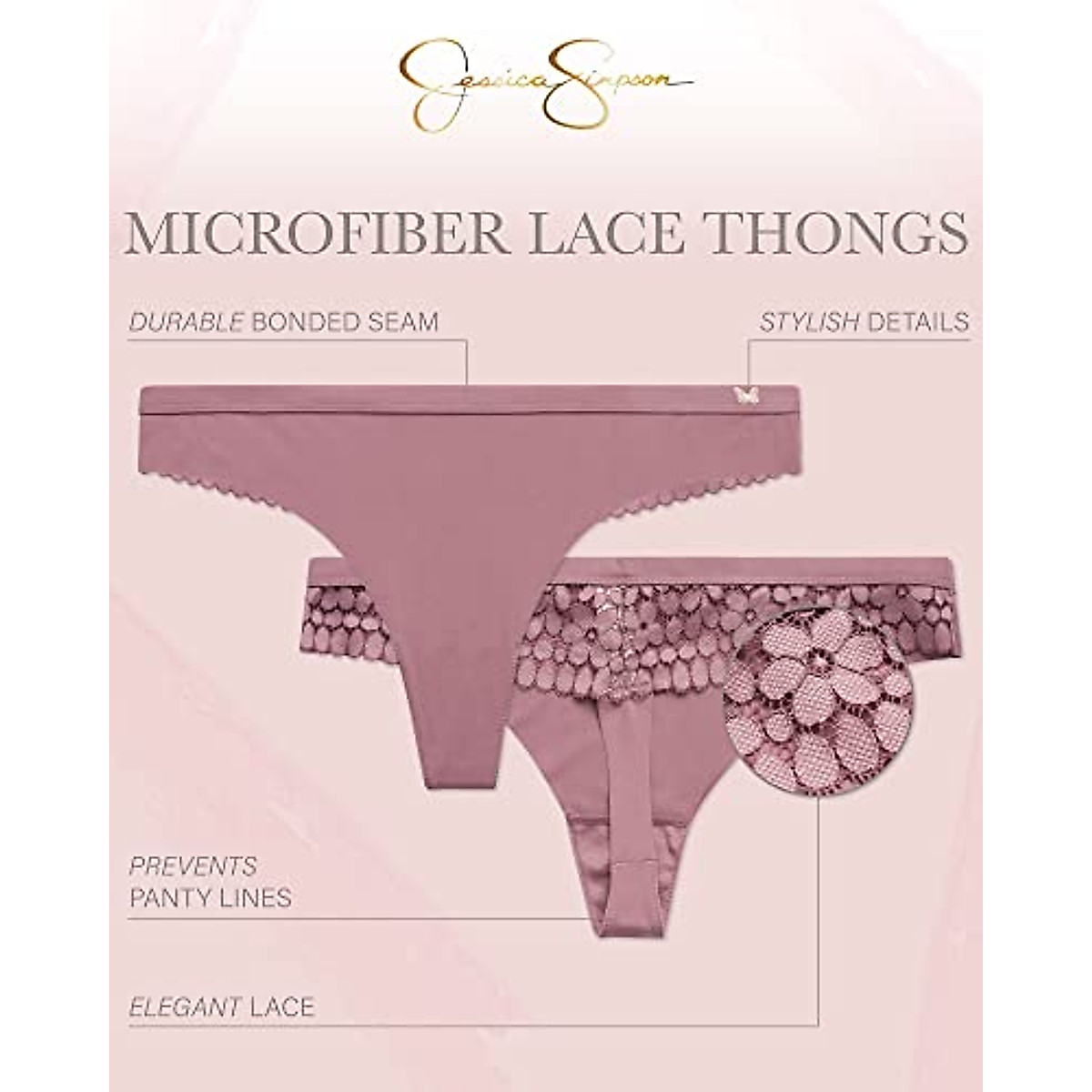 Jessica Simpson Women's Underwear - 3 Pack Microfiber Lace Thong Panties (S-XL), Size Small, Black/Grape Shake/Rose Smoke