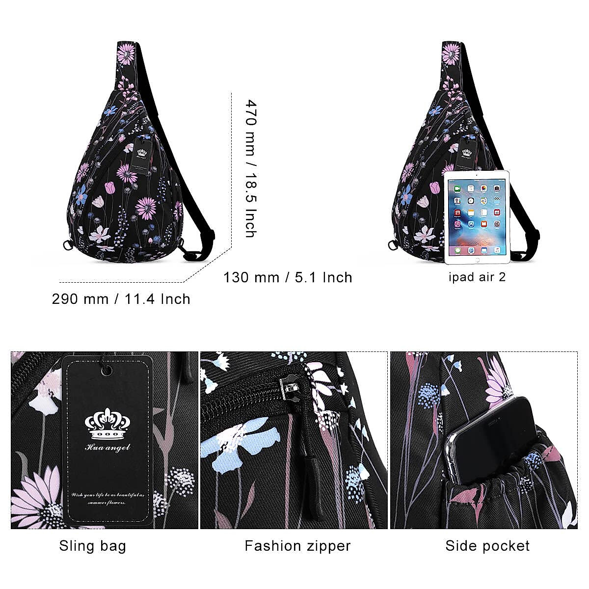 HUA ANGEL Travel Sling Bag, Trendy Crossbody Bags Hiking Backpack Purse Chest Bag One Shoulder Daypack with Convertible Strap