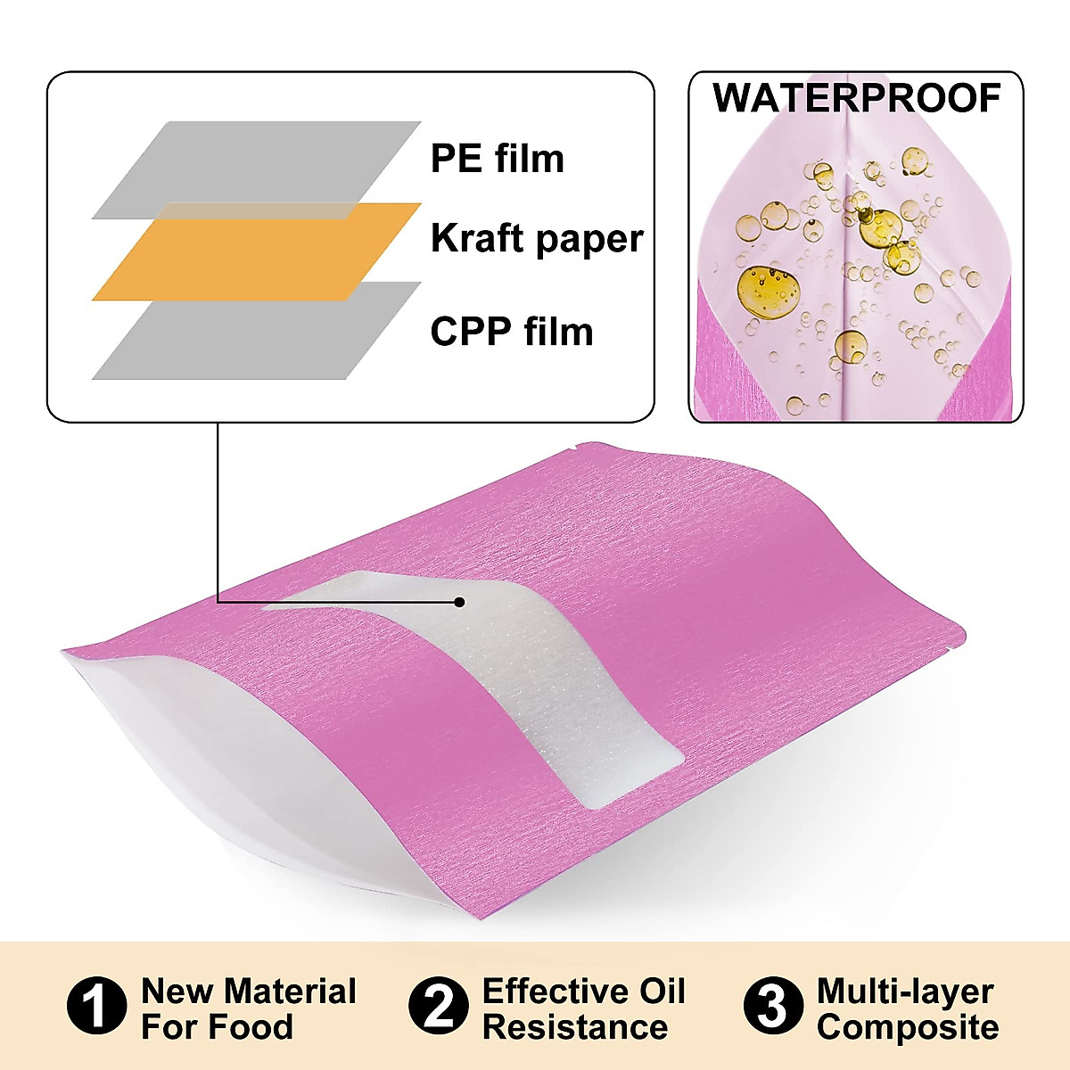 WObell 50pcs Color Kraft Ziplock Bag Pouches,4.7x7.9 Inch Resealable Kraft Stand up Bags with Window, Reusable Ziplock Food Storage Pouches,Heat Sealable Bags for Store&Home(Pink)