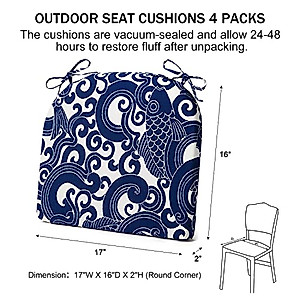 downluxe Outdoor Chair Cushions, Waterproof Round Corner Memory Foam Seat Cushions with Ties for Garden Patio Funiture, 17" x 16" x 2", Blue Carp, 4 Pack
