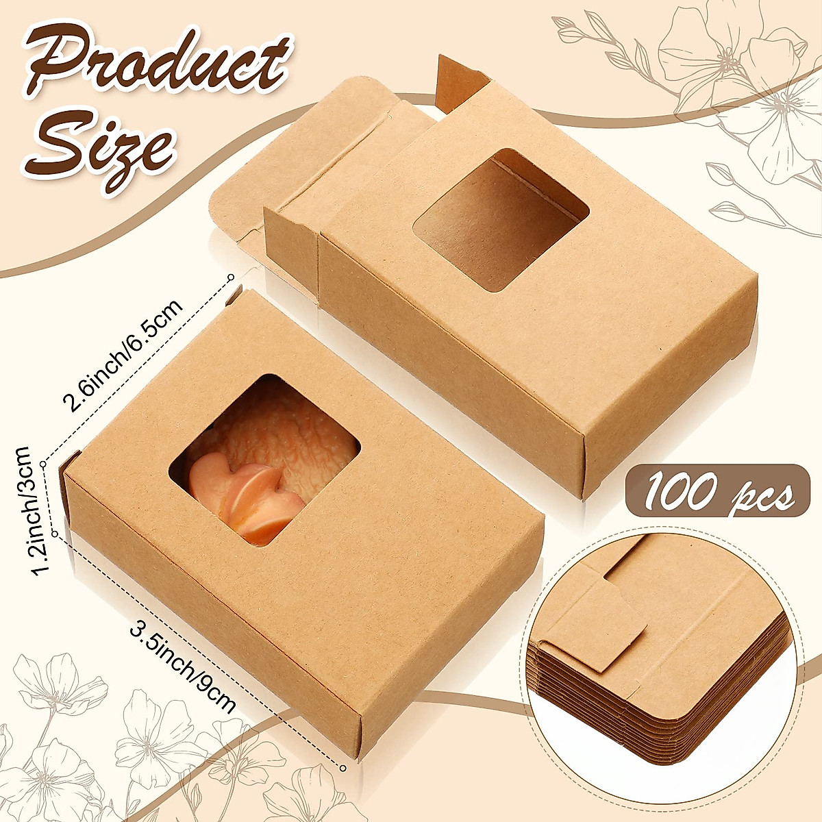 Outus 100 Pcs Soap Packaging Boxes with Window Mini Kraft Paper Boxes Bulk Treat Favor Boxes Rectangle Gift Soap Boxes for Homemade Soap Making Cookies Candy Prese, 3.5 x 2.6 x 1.2 Inch(Brown)
