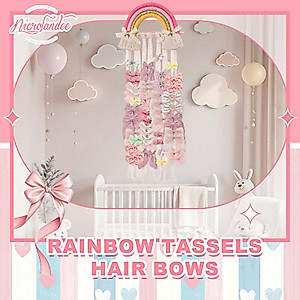 NICROLANDEE Rainbow Tassels Hair Bows Holder Hanging - Baby Hair Accessories Storage Headband Holder Hair Clips Organizer Wall Hanger Decor for Baby Girls Room Ornament (Pink Yellow)