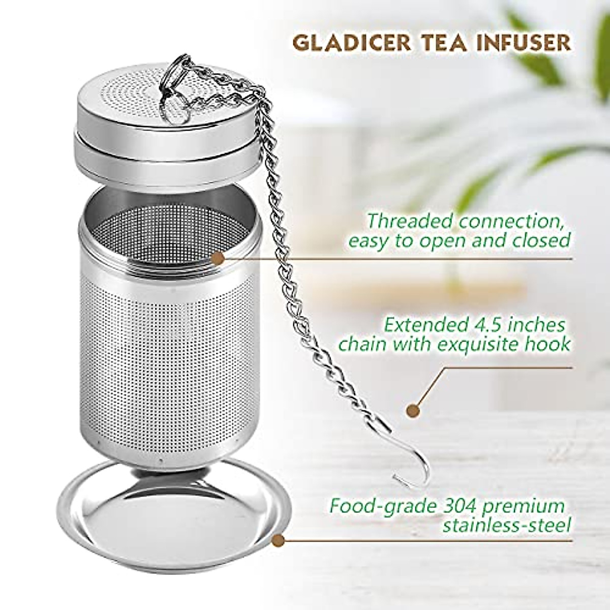 Tea Infuser, Tea Strainer Fine Mesh Tea Filter 304 Stainless Steel Perfect Size with Extended Chain Hook to Brew Loose Leaf Tea, Tea Strainers 210601-1