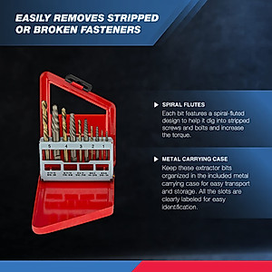 NEIKO 01925A Screw-Extractor And Left-Hand Drill-Bit Set, HSS M2 Steel Drill Bits, Alloy Spiral Flutes, Reverse Drill-Bit And Bolt Extractor, Easily Remove Stripped Screws And Broken Bolts, 10 Pieces
