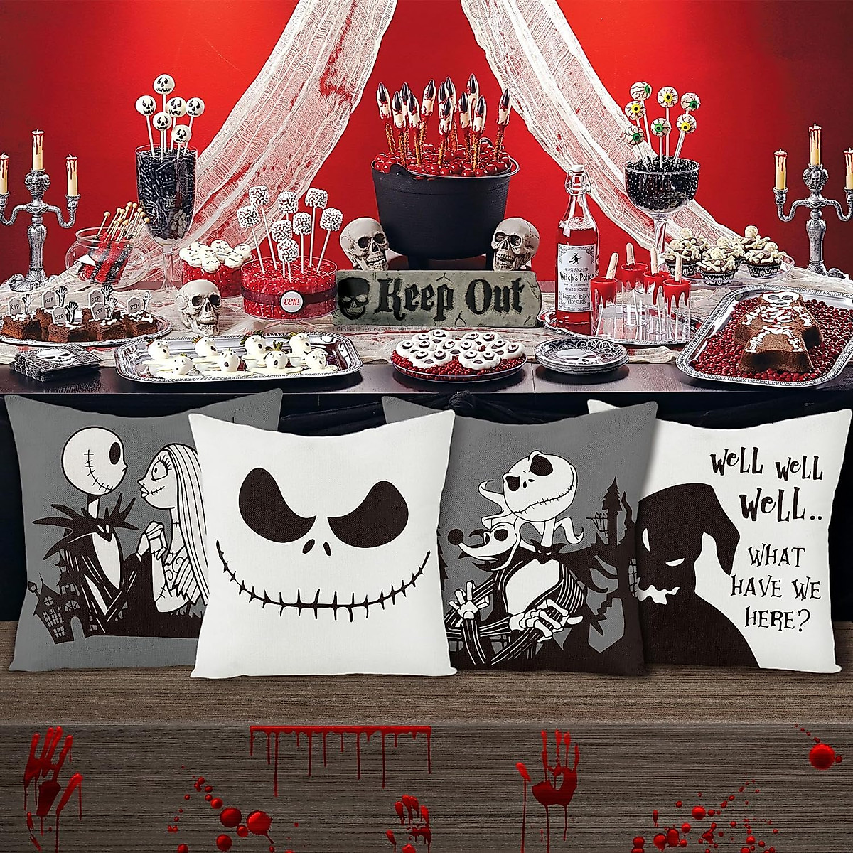 4Pcs Halloween Jack and Sally Christmas Pillow Covers 18x18 Inch Horror Cartoon Skull Throw Pillow Case Decorations Linen Decorative Square Cushion Covers for Home Sofa Couch Bed