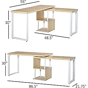 Royal Wood 55" 360° Rotating L-Shaped Home Office Computer Desk, Rotating Corner Desk with Storage Shelves, Left or Right Side Combo Table, Study Writing Desk Two Workstations, Oak