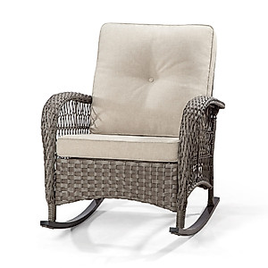 Gardenbee Patio Rocking Chair - Outdoor Rocker Chair with Safe Rocking Design, Metal Frame All Weather Wicker and Premium Fabric Cushions (Mixed Brown/Beige)