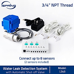 iSpring LS43 Water Leak Detector Alarm System, Automatic Shut-Off Valve and 2 Detection Sensors, Connects Up to 8 Sensor to Prevent Flooding, 3/4" NPT