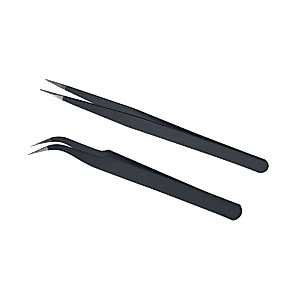 AKOAK The Best Precision Anti-Static Stainless Steel Professional Slim Tip-point and Curved Point Tweezers for Eyelash Extension,Nail Art,Electronics and Jewelry Making,Pack of 2