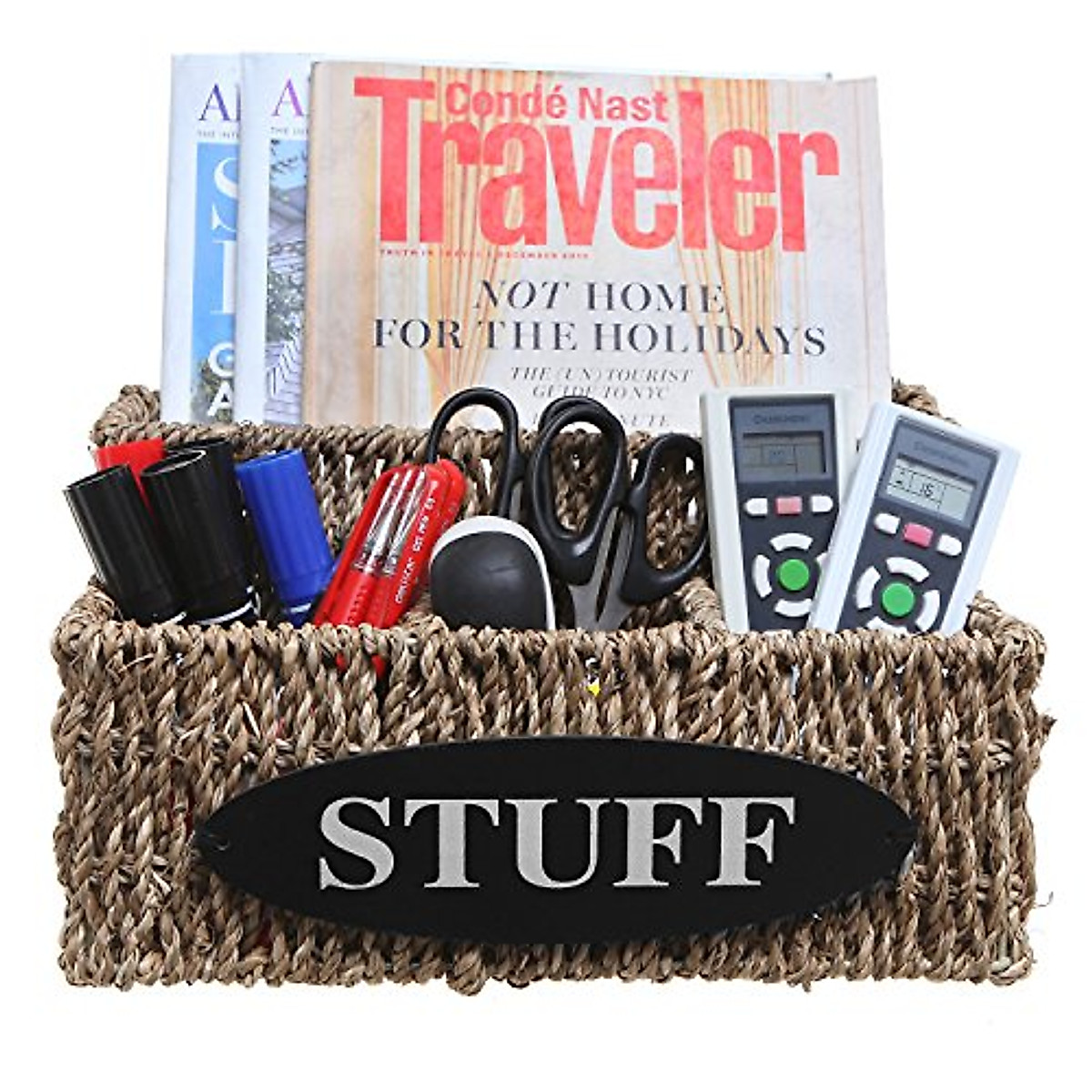 MyGift Beige Woven Seagrass Multipurpose Storage Basket 4 Compartment Organizer with STUFF Label, Desktop Mail Holder, Office Supplies Accessories Holder and Pencil Cup