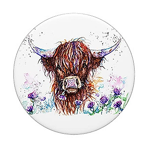 Highland Cow and flowers painting art PopSockets Swappable PopGrip