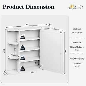SUNLEI Bathroom Cabinet Wall Mounted with Mirror Door, Over The Toilet Storage Cabinet with Doors and Shelves, Bathroom Medicine Cabinets with 6 Open Shelves for Bathroom Organizer or Laundry(White)