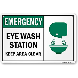 SmartSign 12 x 18 inch “Emergency Eye Wash Station - Keep Area Clear“ Sign With Graphic, Digitally Printed, 55 mil HDPE Plastic, Black, Green and white, Made in USA
