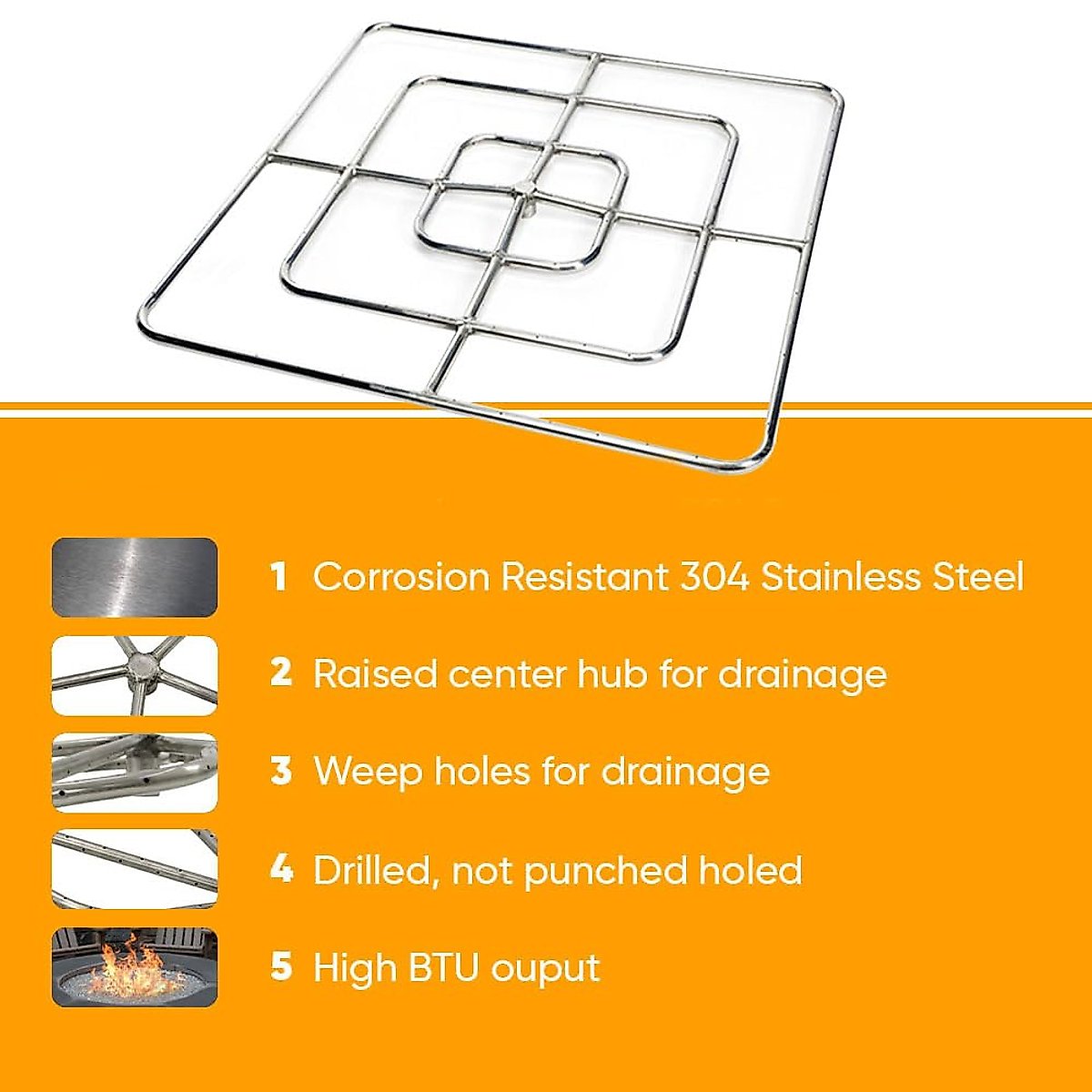 Spotix HPC Square Match Lit Fire Pit Burner Kit (FPSSQ24KIT-PAN-LP-MSCB) with 24x24-Inch Burner and 30x30-Inch Flat Pan, Propane, Polished Chrome, with Flange, Key, Valve, Flex Line and Fittings