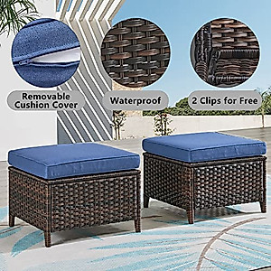 Outdoor Furniture Ottoman Set of 2 Patio Seating Footstool All-Weather Rattan Wicker Ottoman Seat with Soft Cushions for Patio Furniture Set