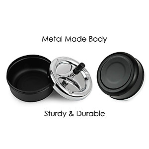 Round Push Down Ashtray with Spinning Tray Metal Cigarette Ash Tray Large 5.2 Inches Home Ashtray for Outside Patio - Black