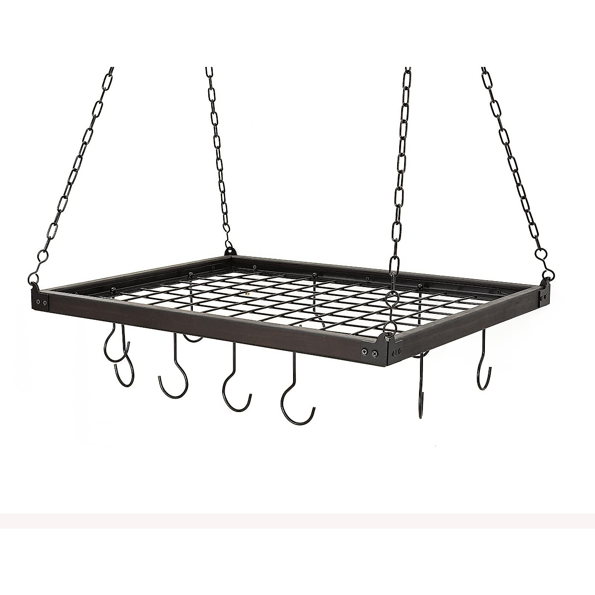 SODUKU Pot Pan Rack with Shelf Grid, Ceiling Mounted Hanging Multi-Purpose Wood & Metal Cookware Hanger Organizer Kitchen Storage with 10 Hooks Espresso