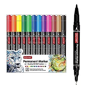 ZEYAR Twin Tip Permanent Markers, CD/DVD Markers, 12 Color, Ultra Fine Point and Fine Point for Signature and Marking (12 Colors)