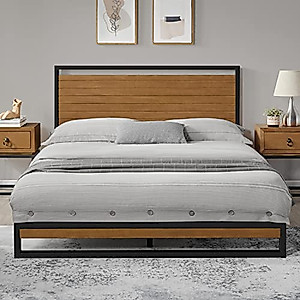 Yaheetech 37 Inch Metal Platform Bed Frame with Wood Headboard Solid Wood & Steel Construction No Box Spring Needed Wood Slat Support Easy Assembly Chestnut Brown Full