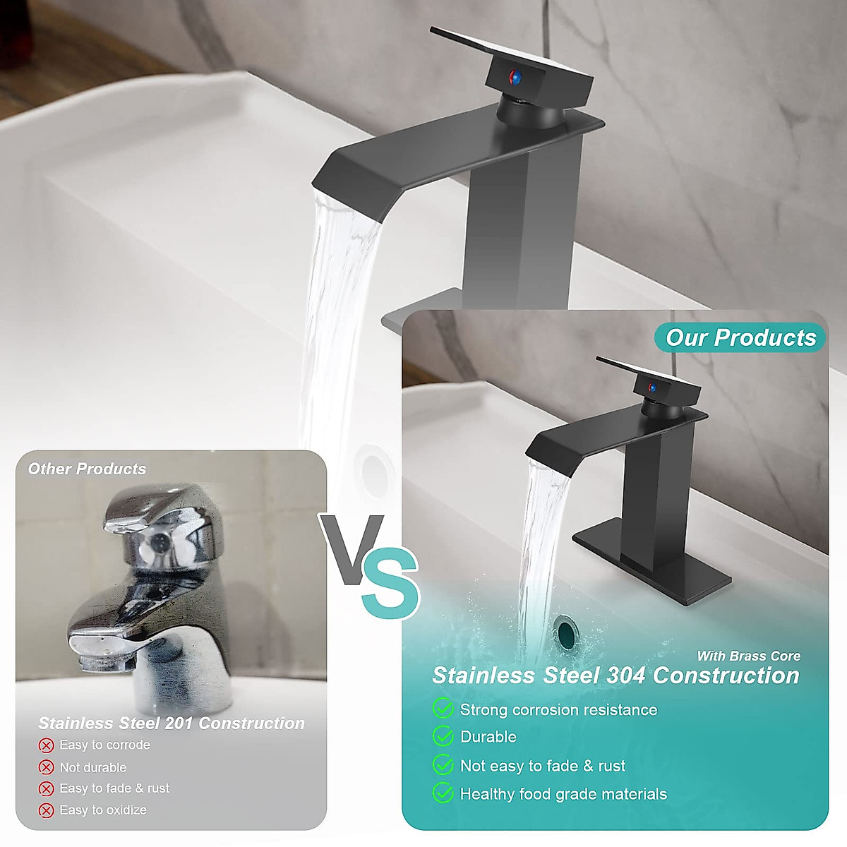 M OUDEMEI Waterfall Spout Bathroom Sink Faucet, 4 Inch Centerset Vanity Sink Faucet, Single Handle Lavatory Faucet, Mixer Tap with Deck Plate for 1 OR 3 Hole Easy Installation (Matte Black)