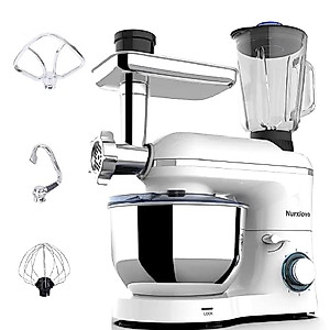 Nurxiovo Kitchen Stand Mixer, Multifunctional 3 in 1 Food Mixer Tilt-Head 850W Dough Machine with 6-1/2 Qt Stainless Steel Bowl, Hook, Whisk, Beater, Meat Blender and Juicer, White