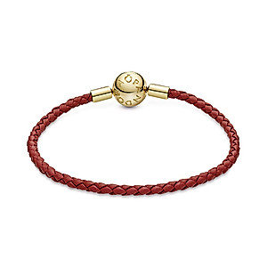 PANDORA Moments Woven Leather Bracelet with 18k Gold-Plated Clasp - Compatible Moments Charms - Charm Bracelet for Women - Features Shine & Leather - Gift for Her - Red, 7.5"