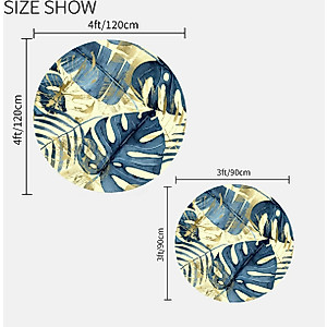 Round Rug 4ft for Kitchen Living Room Bedroom Dining Room Table Outdoor Entryway Washable Large Carpet Circular Circle Area Rug Watercolor navy blue and golden tropical leaves a light monstera palm