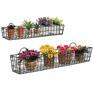 MyGift Country Rustic Wall Mounted Metal Wire Storage Basket Display Floating Shelves, 30 and 23-Inch Narrow Hanging Baskets, Set of 2