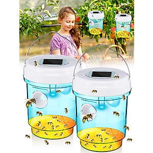 2 Pack Wasp Traps Outdoor Hanging Fly Traps with UV LED Light Solar Powered Hornet Trap Non-Toxic Reusable Hornet Traps Wasp Killer for Indoor Outdoor Patio Garden Home (Blue)
