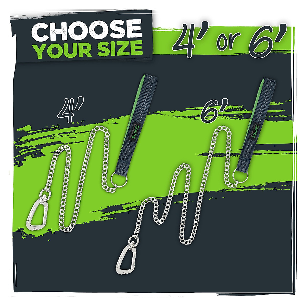 Mighty Paw Chain Dog Leash - Anti Bite Pet Lead - Stainless Steel Links - Reflective Padded Handle - Carabiner Clip - Chew Proof for Strong Dogs - 4’ Dog Walking Chain Leash - Leash Metal (Grey/Green)