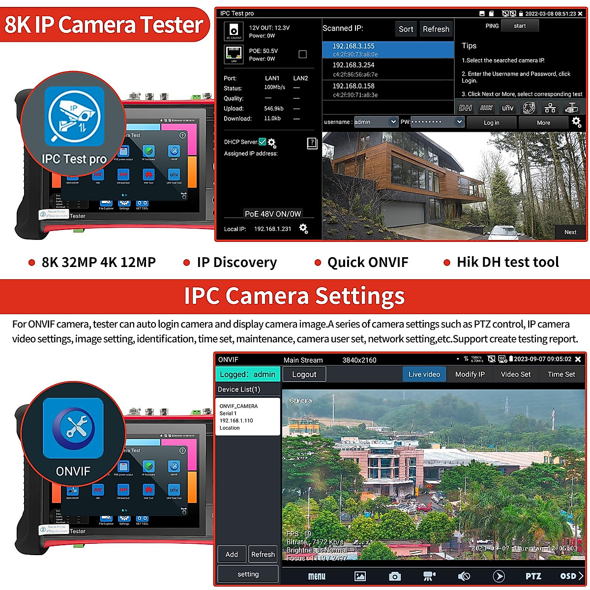 Rsrteng CCTV Tester Upgraded Version 8K IP Camera Tester CCTV Camera Tester with TVI CVI AHD SDI Coaxial Camera Test Networl Tools Cable Tester Support DMM OPM TDR POE HDMI DC24V Dual Network Port