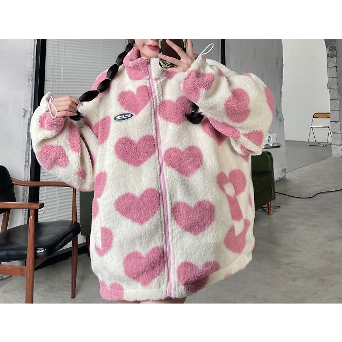 Women's Fleece Sherpa Jackets Reversible Kawaii Heart Print Fuzzy Zip Up Coats Aesthetic Y2k Winter Oversized Outwear (Pink,XL)
