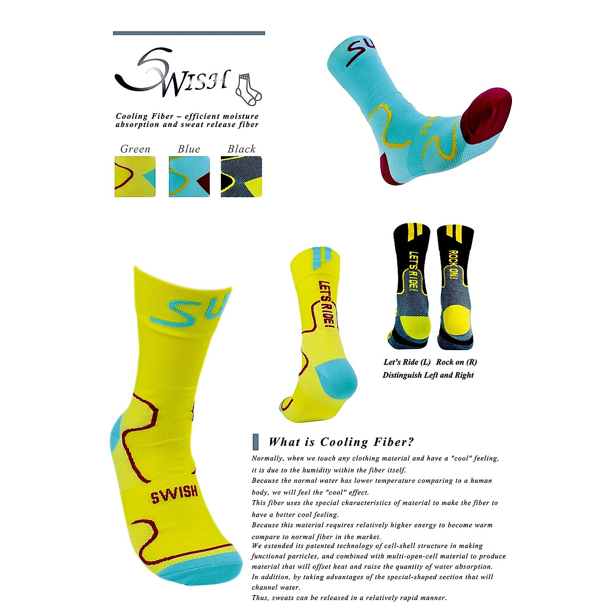 Swish Race Road Cyclocross Mountain Gravel Bicycle Bike Sports Cycling Socks Cooling Fibers 3-pairs in Black/Green/Blue colors also for Hiking,Jogging,Yoga,Running use (Black, L)