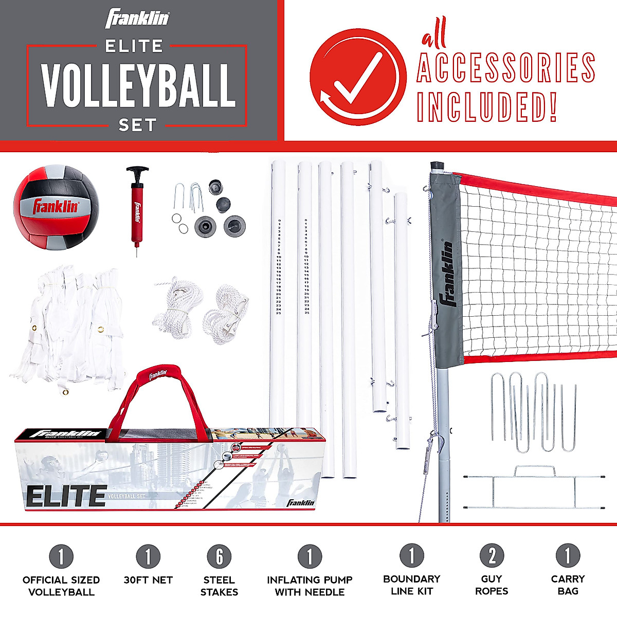 Franklin Sports Elite Volleyball Net Set - Includes Pro Style Volleyball with Pump, Poles/Net, Stakes, Ropes, Boundary Kit- Beach or Backyard Volleyball - Easy Setup